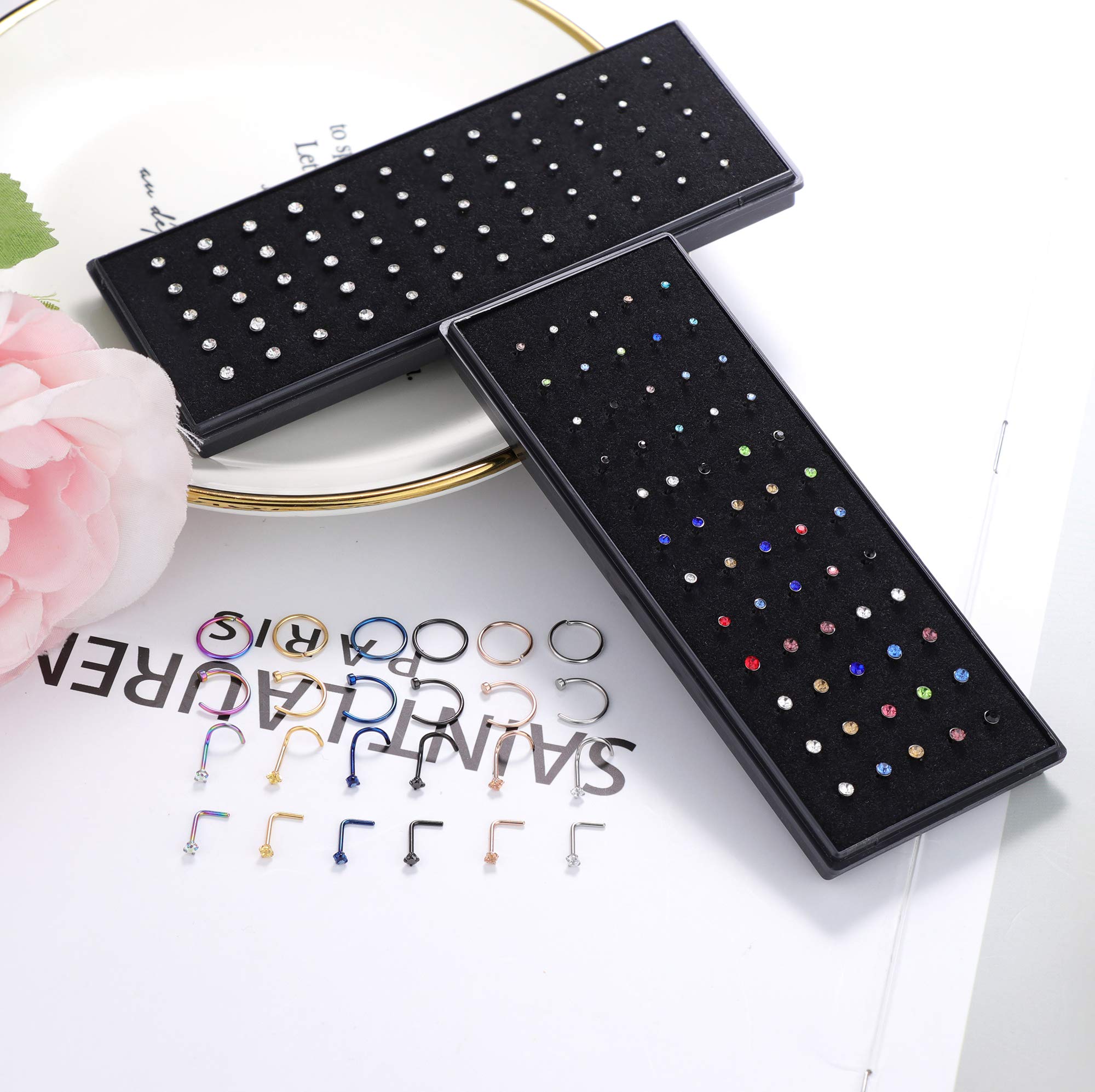 LOLIAS 144 Pcs Stainless Steel Hoop Nose Rings Nose Ring Stud Body Piercing Jewelry CZ Inlaid
