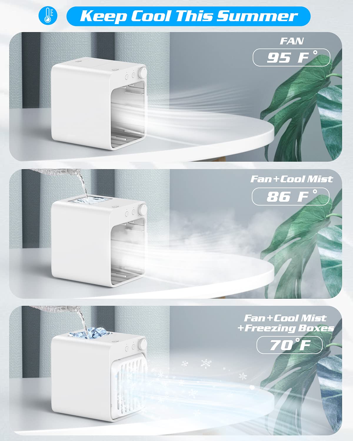 Portable Air Conditioner Fan,Personal Air Cooler Rechargeable Evaporative Air Cooler with 2 Freezing Boxes