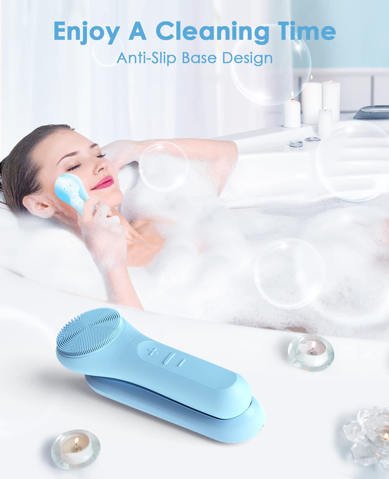 Sonic Silicone Face Scrubber for Sensitive Skin Waterproof Electric Facial Cleansing Brush with Base, Jack&Rose Inductive Charging Face Exfoliator Brush—Sky Blue