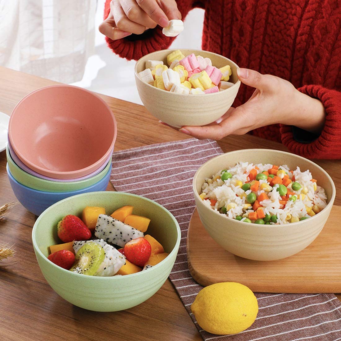 NANAOUS Small Bowls Set of 5, 14 OZ Reusable Wheat Straw Bowl, Kitchen Bowls for Dessert Bowls for Serving Soup, Oatmeal, Pasta and Salad(5 Colors)