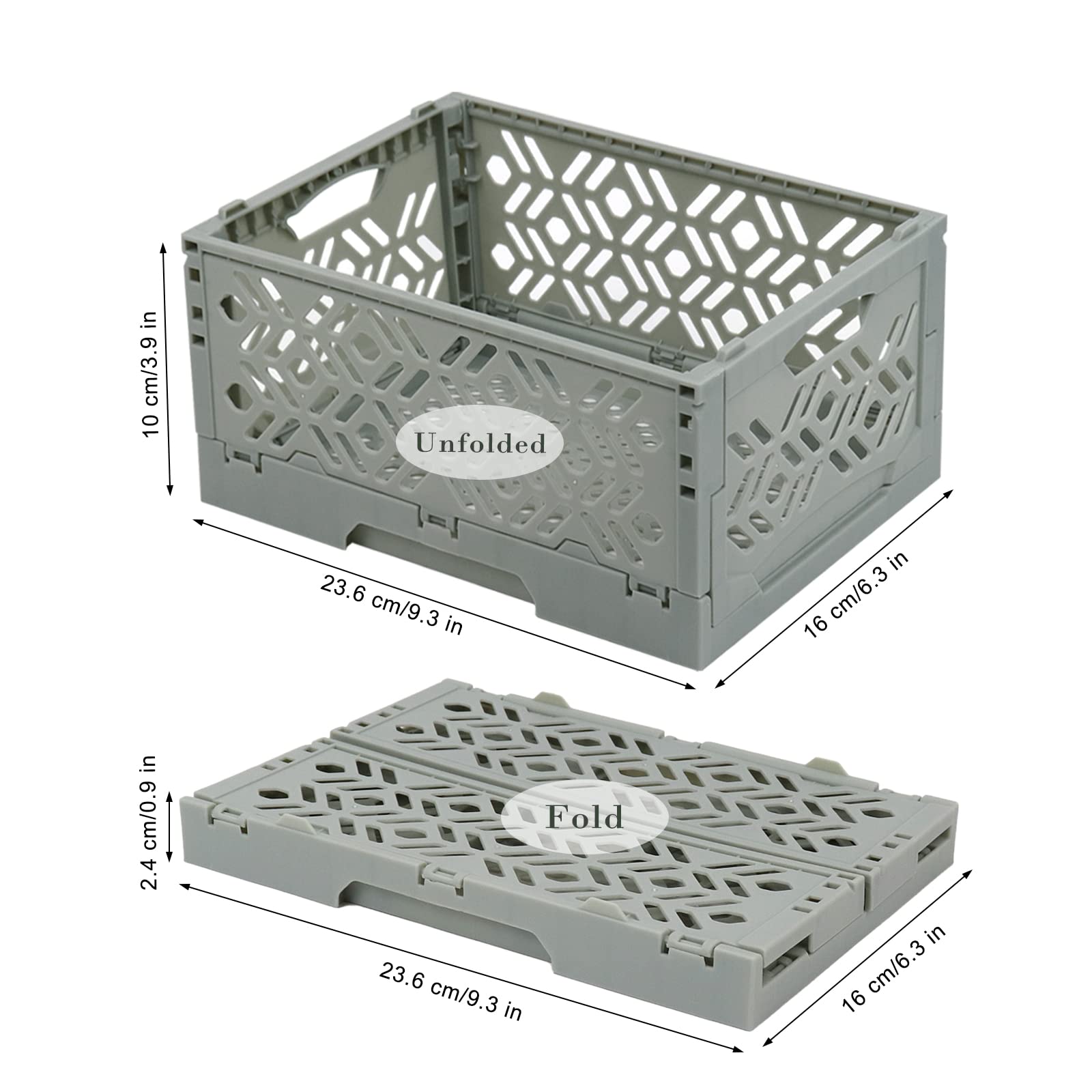 Klyuqoz Pastel Crates (9.4'' X 6.3'' X 3.9''), Storage Crates Plastic Stackable, Cute Crates Pack of 3, for Home Bedroom Office Kitchen Decoration(Green, Gray, White)
