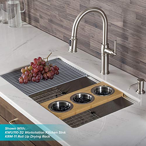 KRAUS Sellette Traditional Spot Free Stainless Steel Single Handle Pull-Down Kitchen Faucet with Deck Plate and Soap Dispenser, KPF-1682SFS-KSD-80SFS