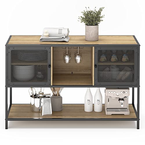 WiberWi Storage Cabinet Sideboard Coffee Bar Cabinet, Farmhouse Buffet Station with Glasses Rack, Credenza Cupboard ConsoleTable for Entryway Kitchen Dining Living Room, Brown