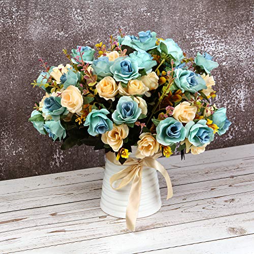 LY EMMET Artificial Rose Bouquets with Ceramics Vase Fake Rose Flowers Decoration for Table Home Office Wedding-Blue