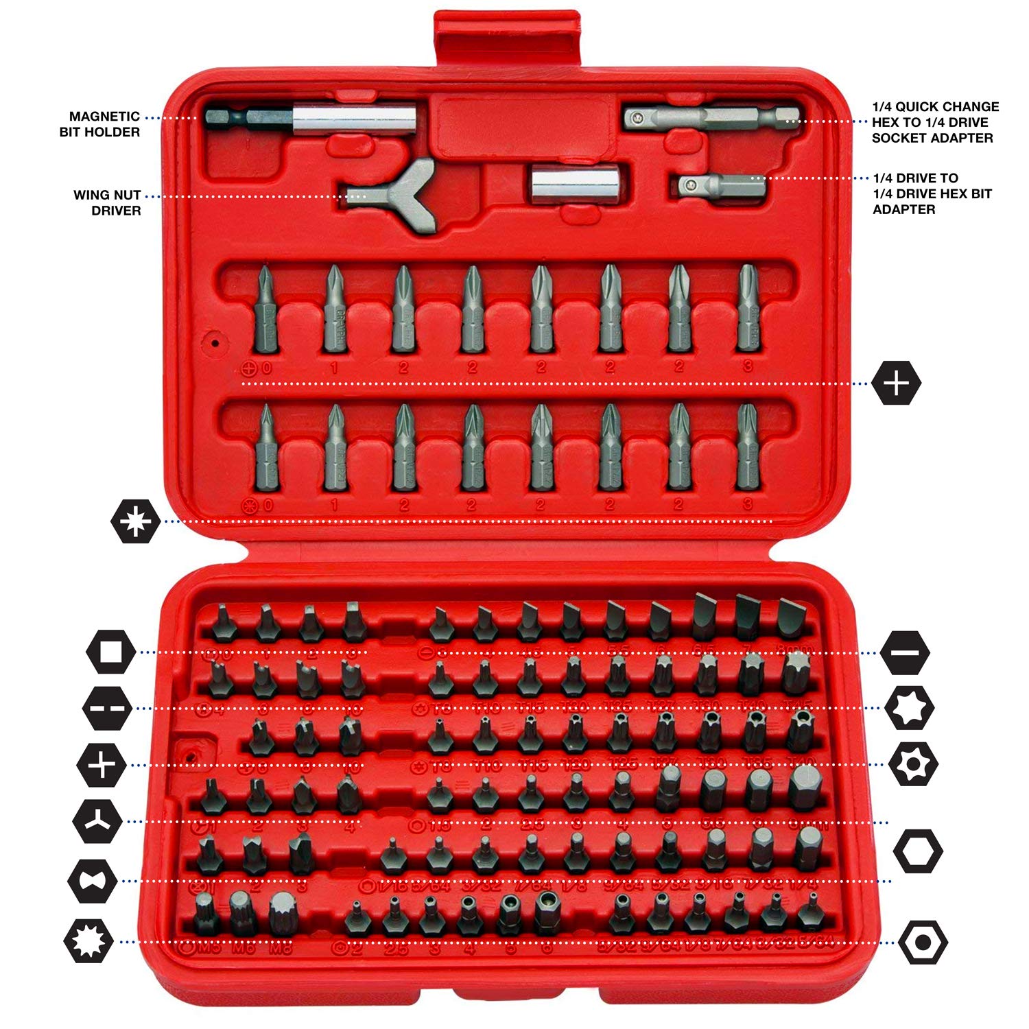 NEIKO 10048A Security Bit Set 100-Piece Set Cr-V Steel 1/4-inch Adapters Phillips Slotted Hex Torx Star Tamperproof Pozi Square Spanner Torque Tri-Wing Clutch Spline Wing Nut, Security Torx Bit Set