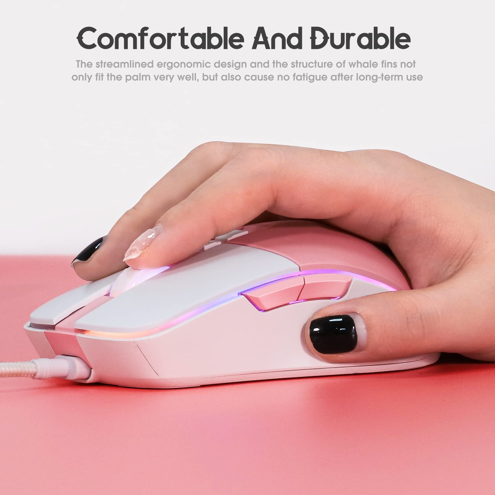 Pink Mouse Ergonomic Gaming Wired Mouse, Color-Blocking Design Mice with 6 Adjustable DPI Up to 7000 and 13 Color Backlight, Pink PC Gaming Mice for Office/Windows/Mac and Laptop (CW916)