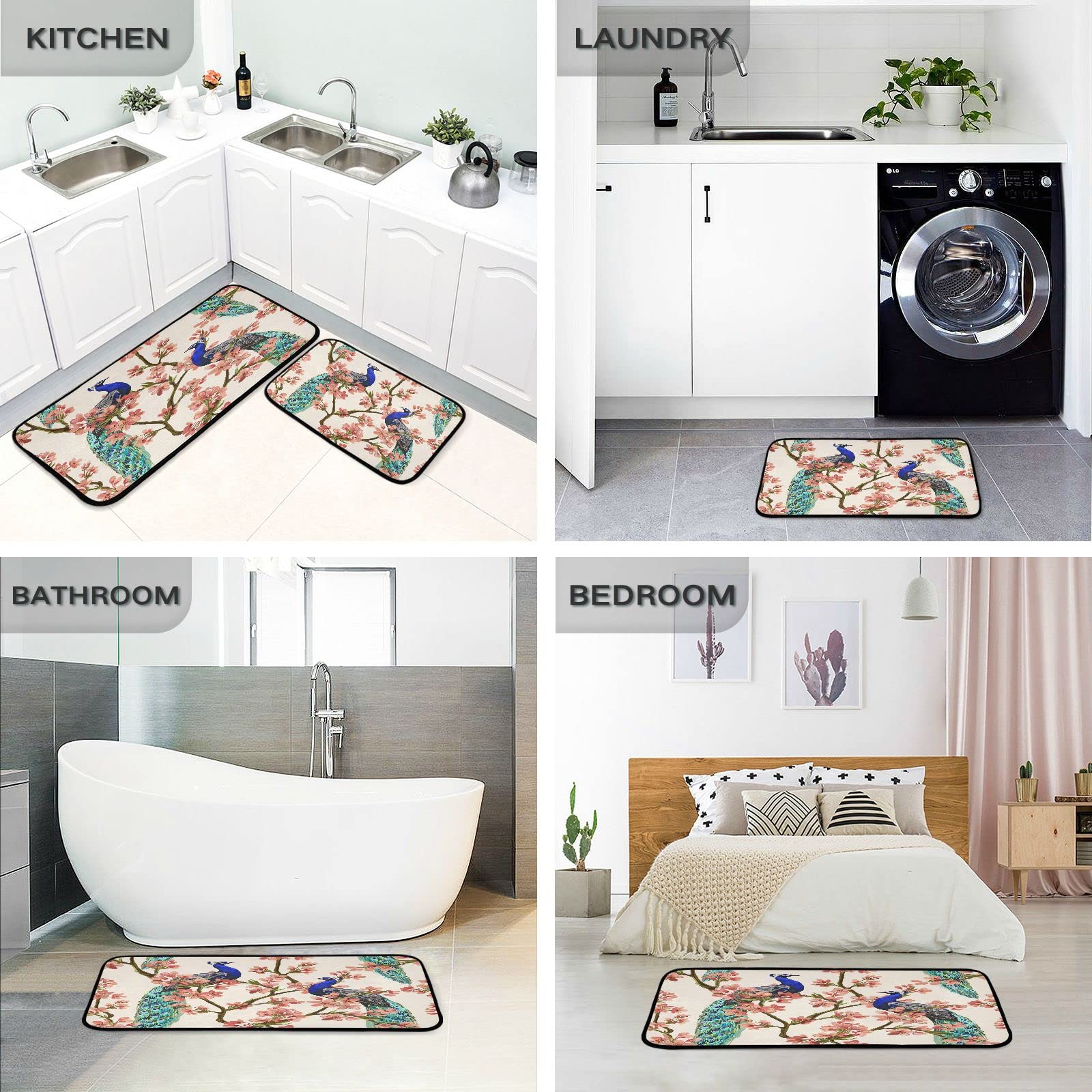 Peacock Flower Tree Kitchen Mat Set 2PCS, Super Absorbent Kitchen Rugs and Mats Non Slip Easy Clean Carpets Rugs for Kitchen Floor Sink Laundry Runner Area Rug Carpet