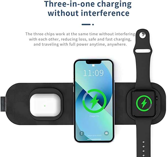 Kocybt 3 in 1 Magnetic Wireless Charger,Foldable Wireless Charger Pad Compatible for 13/13 Pro/13 Pro Max/13 Mini, 12/12 Pro/12 Pro Max/12 Mini, iWatch,AirPods 3/2/Pro,(Adapter Not Included) (Black)