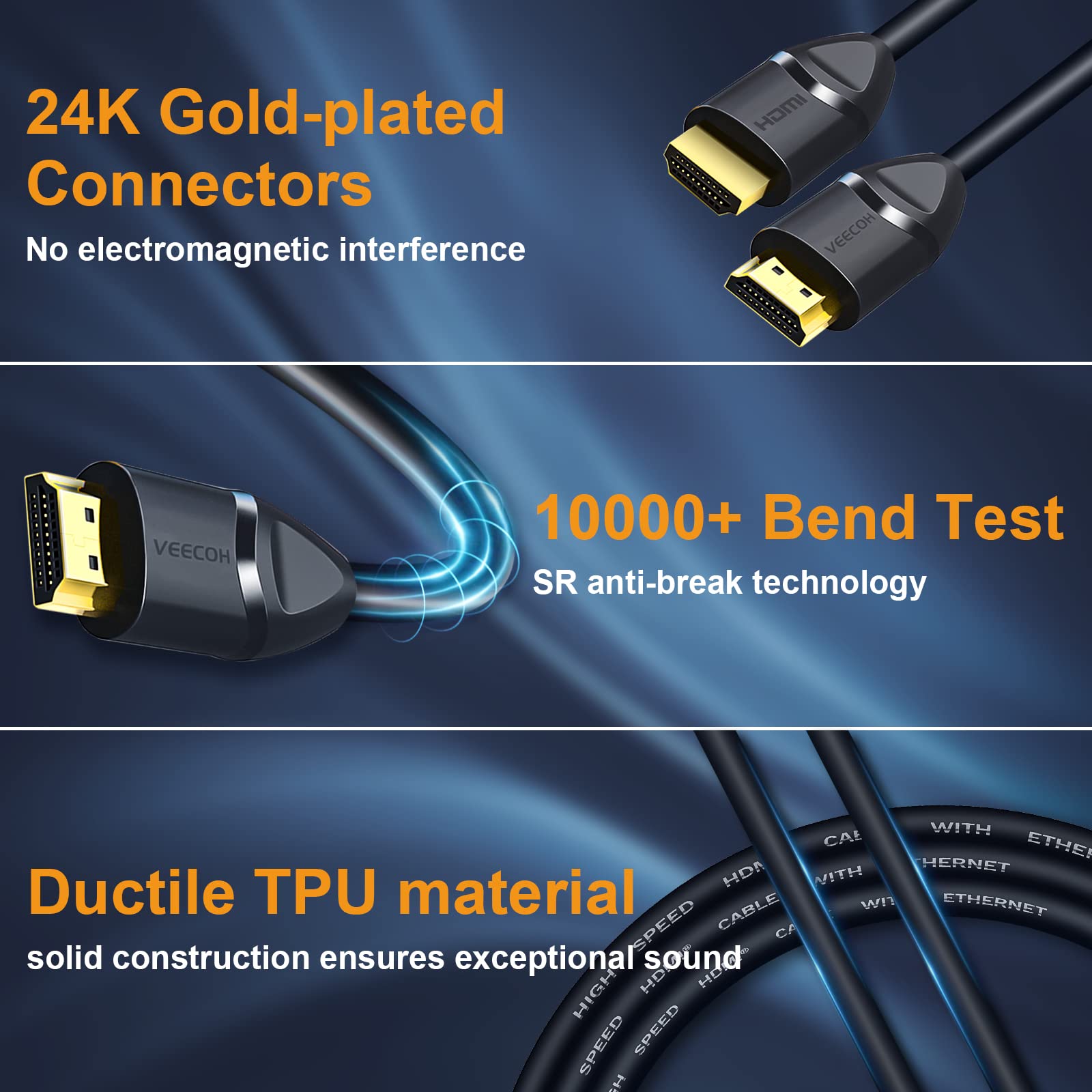 VEECOH 4K HDMI Cables 25Ft/8M Ultra High Speed Hdmi Cables 2.0,Highwings HDR 4K@60Hz 1080P@120Hz,hdmi cord support 3D,HD,ARC,CEC,HDCP 2.2,Compatible with PS5 PS4/Xbox One/HDTV/Blu-ray