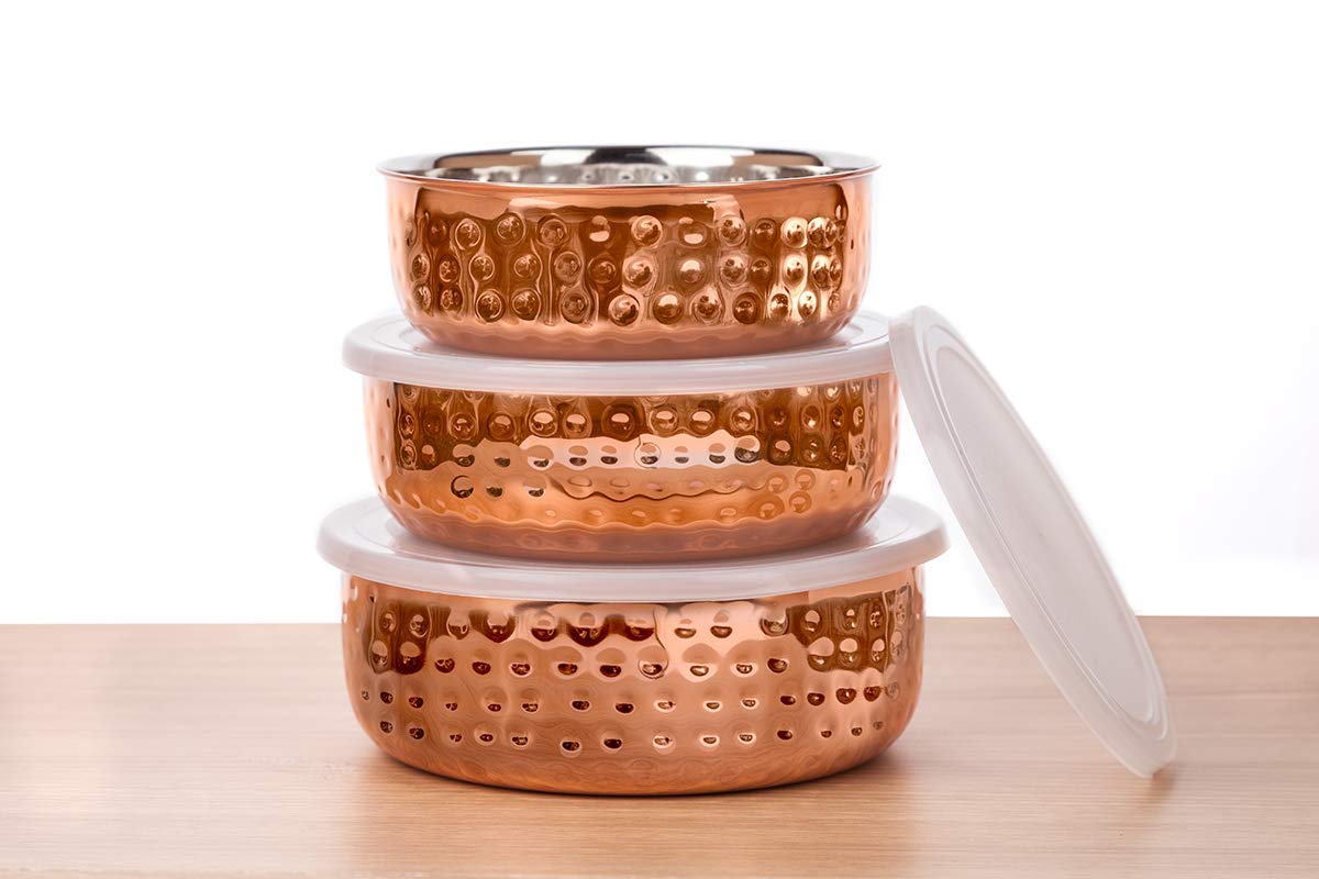 SIGNORA WARE Signoraware Food Storage Bowls - Copper Plated Stainless Steel Stackable Storage Bowl Set with airtight Lids, 3 pc Multi Size Set