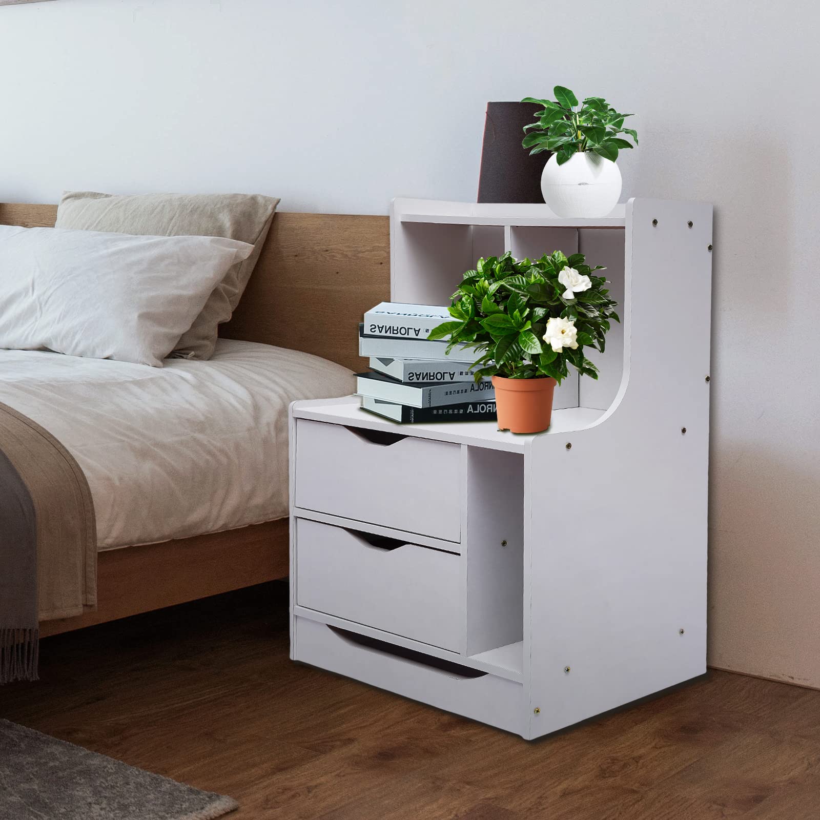 Lemoeyes End Table with 2 Drawers, Wood Nightstand with Storage Shelf Side Table Cabinet Bedside Furniture Books Storage for Living Room Bedroom Office - White, Easy Assembly