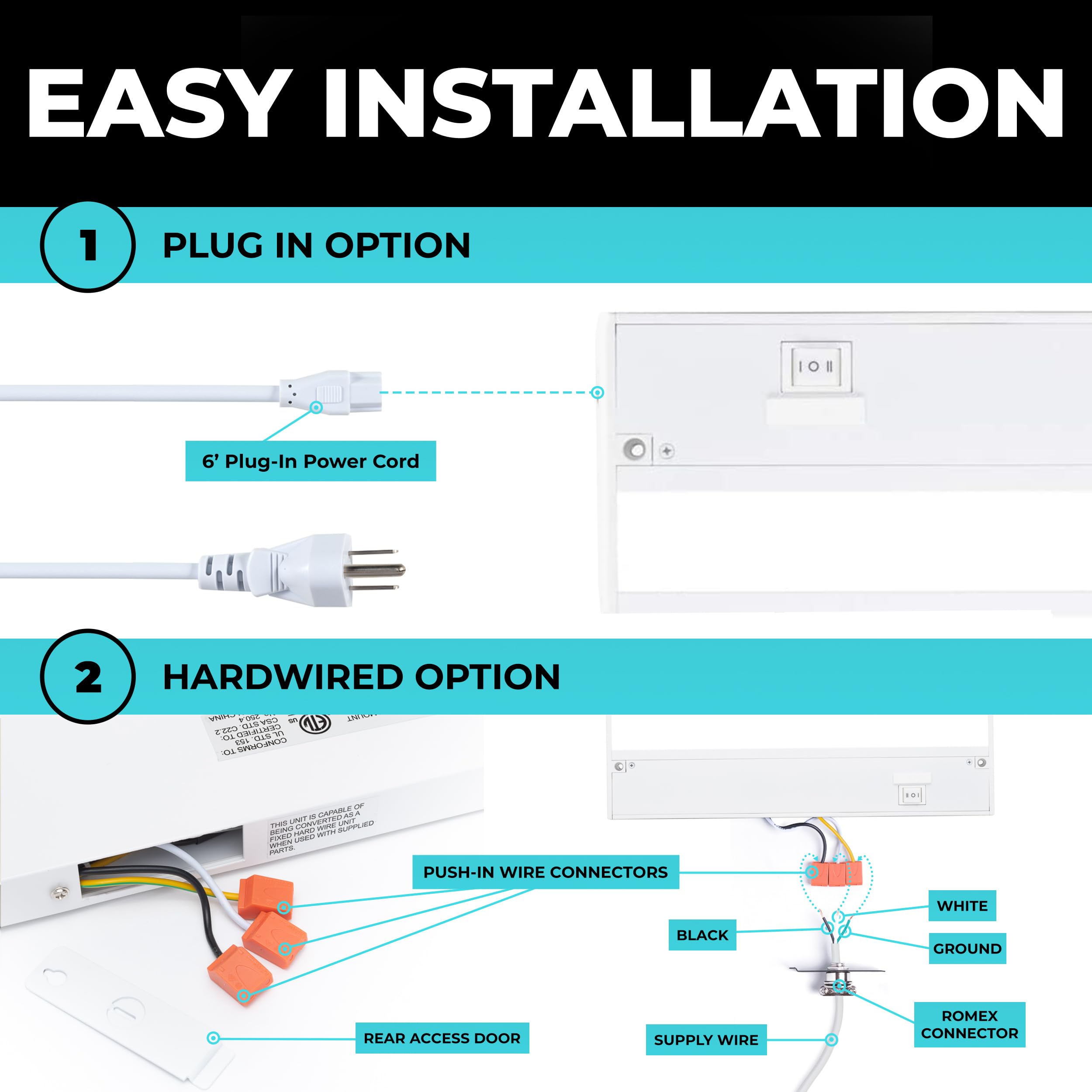 Magic Lite 24 Inch White LED Under Cabinet Lighting – Dimmable -3 Color Temperature Slide Switch – Warm White (2700K), Soft White (3000K), Cool White (4000K) - Plugged-in or Hardwired Installation