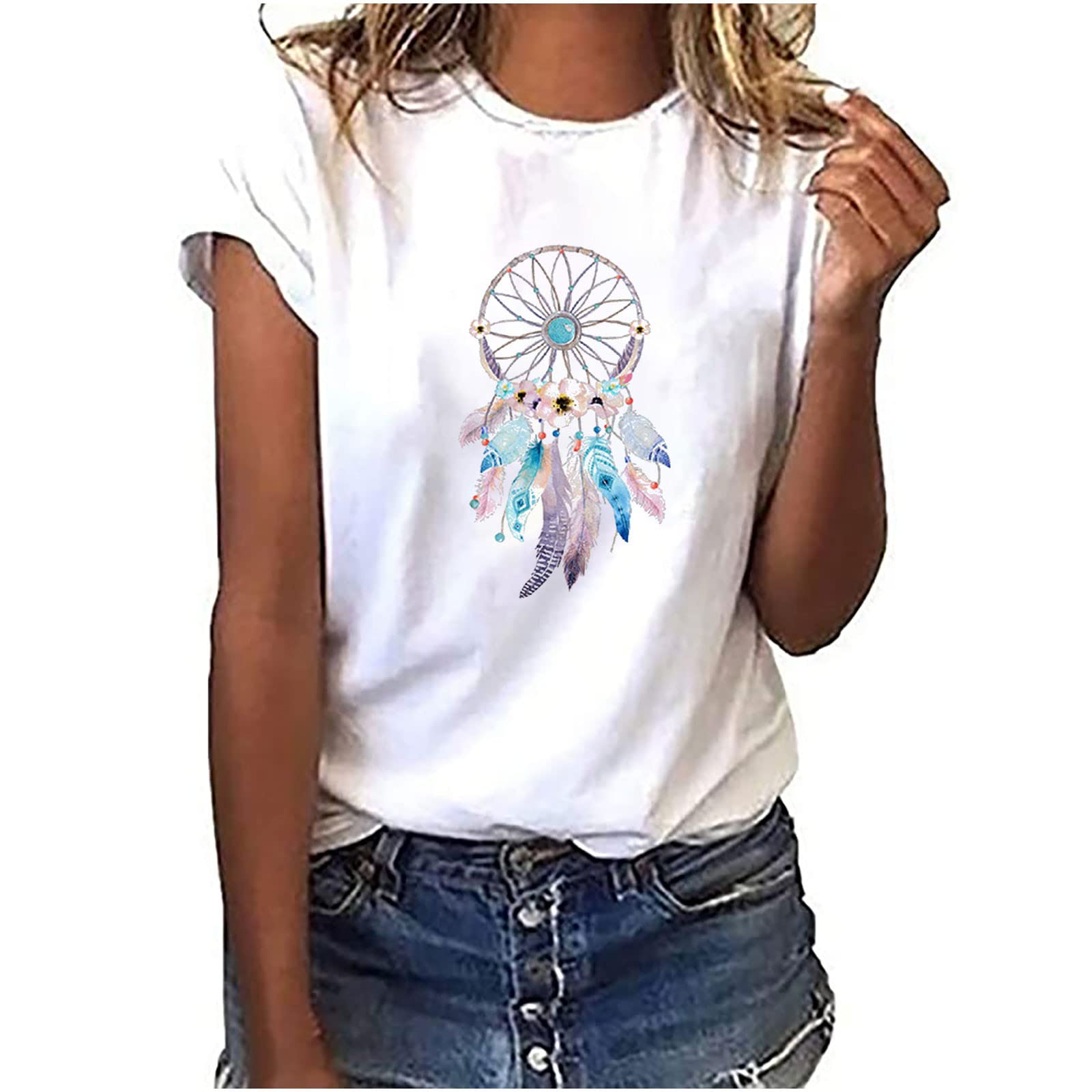 Shirt for Women Simple Casual Boho Dreamcatcher Graphic T-Shirt Short Sleeve Summer Top Trendy Indian Blouses