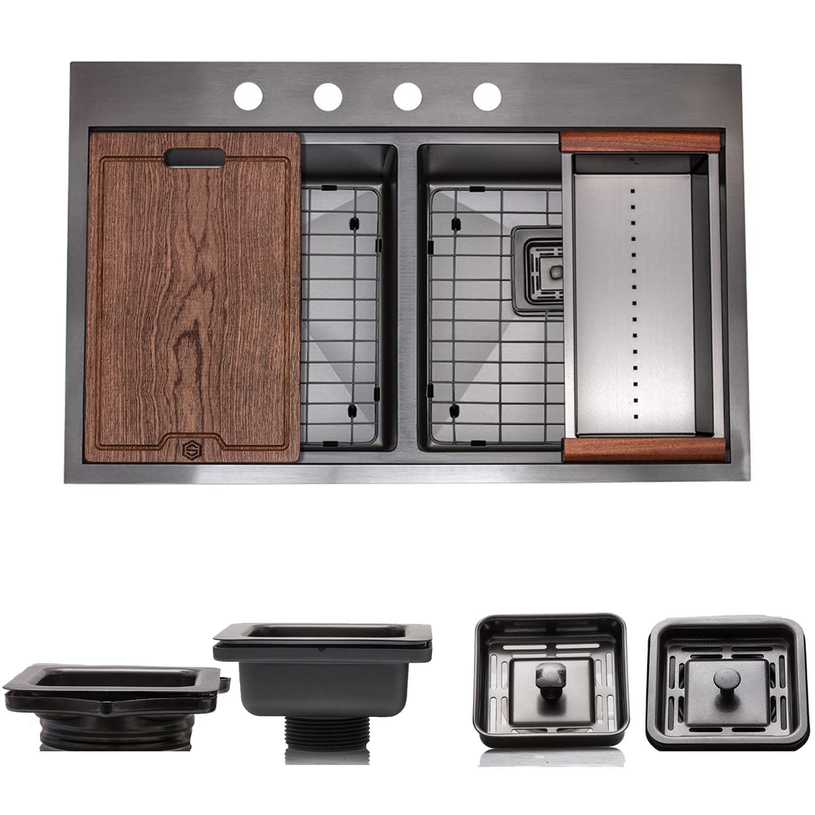 Strictly Sinks 33 inch Topmount Kitchen Workstation Sink Gunmetal Black 5050 Double Bowl 16 Gauge Stainless Steel Drop In Scratch, Stain Resistant Colander, Cutting Board & Bottom Protector Grid