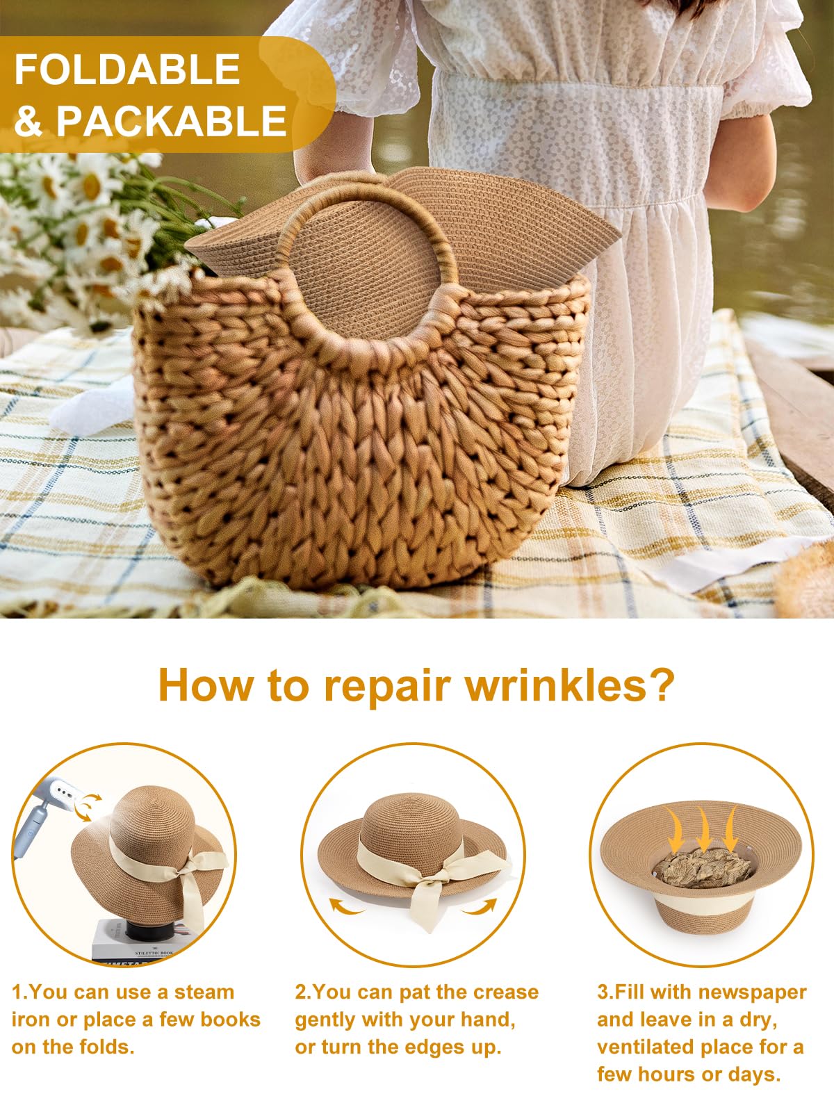 Senker Fashion Sun Hats for Women Wide Brim Beach Hat Foldable Packable Straw Hat UV UPF 50+ Travel Summer Hat Khaki