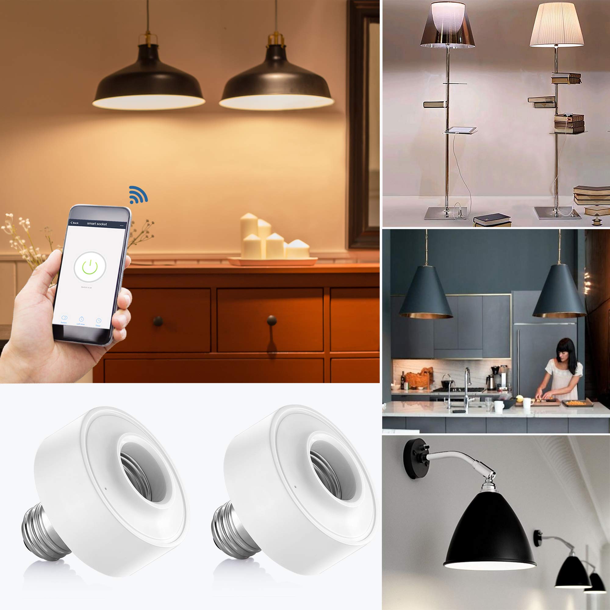 LoraTap Smart WiFi Bulb Socket E26 2 Pack Wi-Fi LED Light Bulb Timer Lamp Holder Adapter, Voice Control with Alexa and Google Assistant, Smart Life App Control from Anywhere by Phone, 30W Max