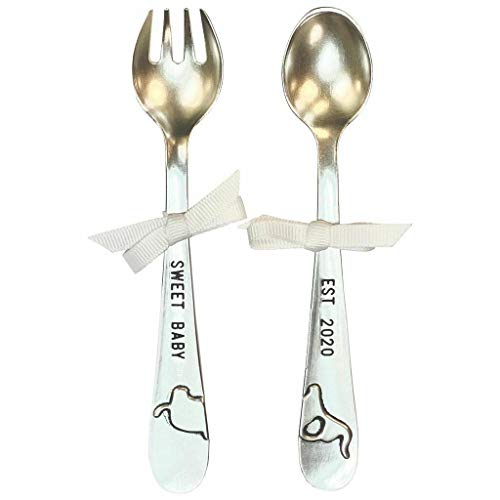Mud Pie Kids Baby Est. 2020 Keepsake My First Feeding Pewter Set Utensils 5.5" (Elephant)