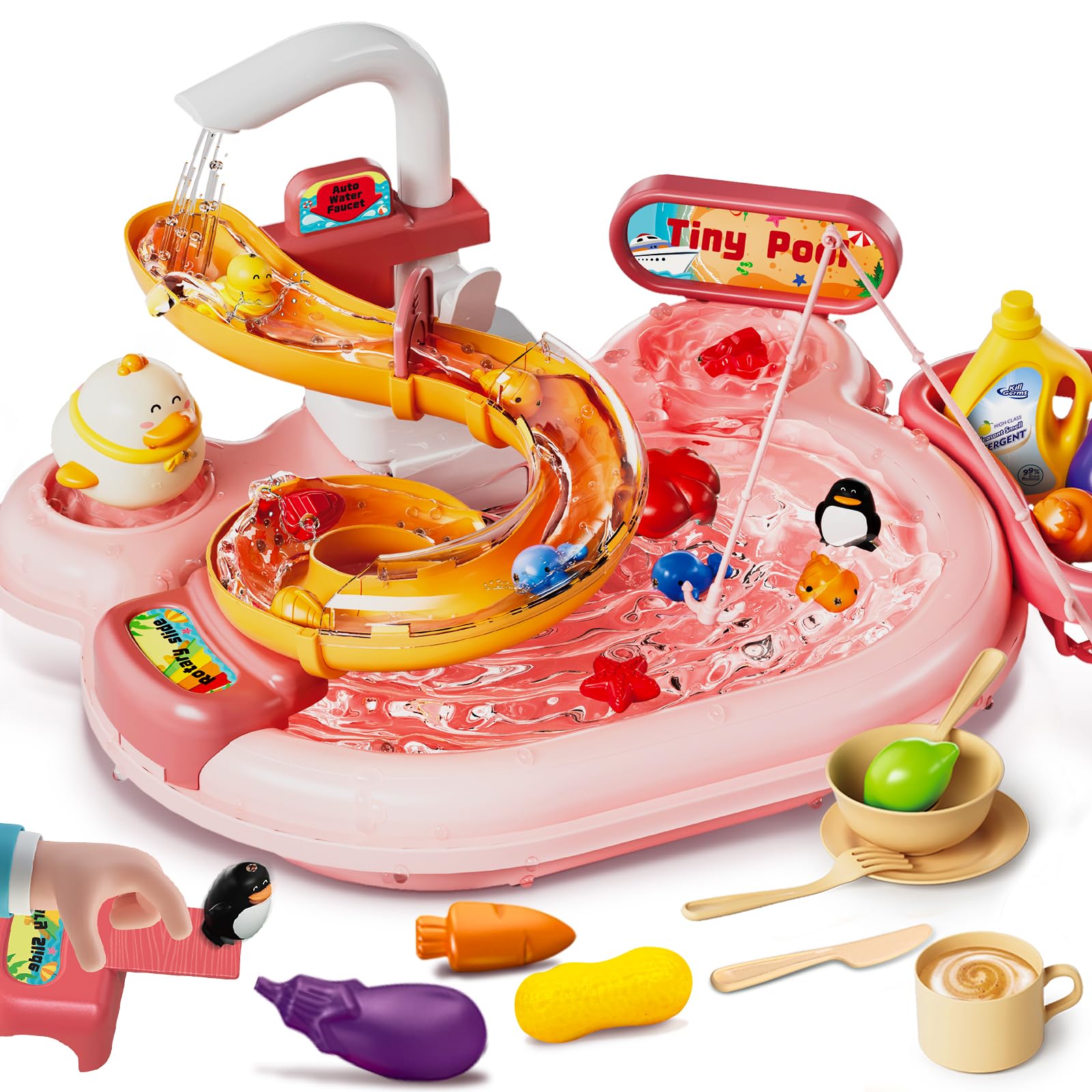 LEWANT Play Sink with Running Water, Kids Kitchen Sink & Fishing Playset with Electric Faucet, Toy Kitchen Accessories, Play Food, Pretend Role Playset for Toddler Girls Birthday Gifts