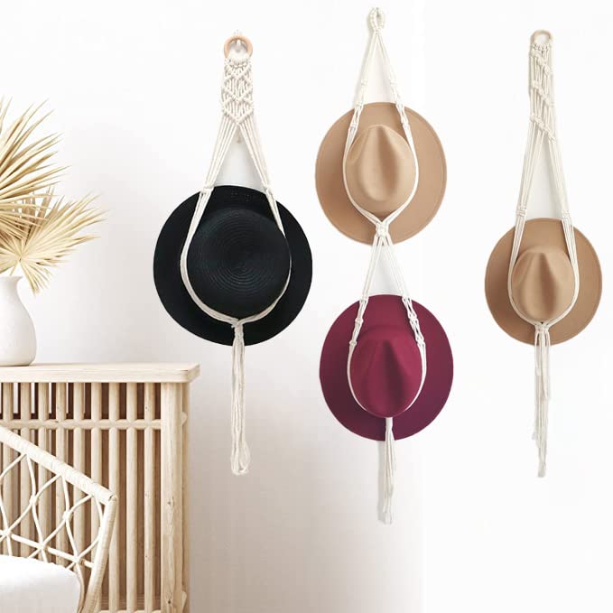 ZQXUNMQ Hat Organizer 3 Pieces Boho Hats Rack Handmade Cotton Rope Woven Hat Hangers Bohemian Hat Holder for Man and Women Caps Storage Wall Display Living Room Bedroom Decor