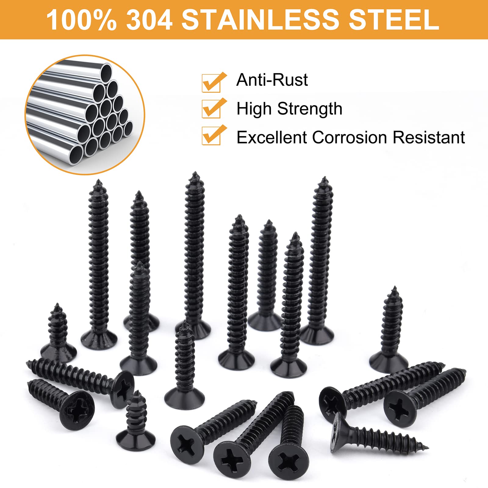 VIGRUE 265 Pcs #6 Wood Screws Black Oxide Coated Stainless Steel Flat Head Phillips Drywall Screw Assortment Kit, Self Tapping Screws Kit