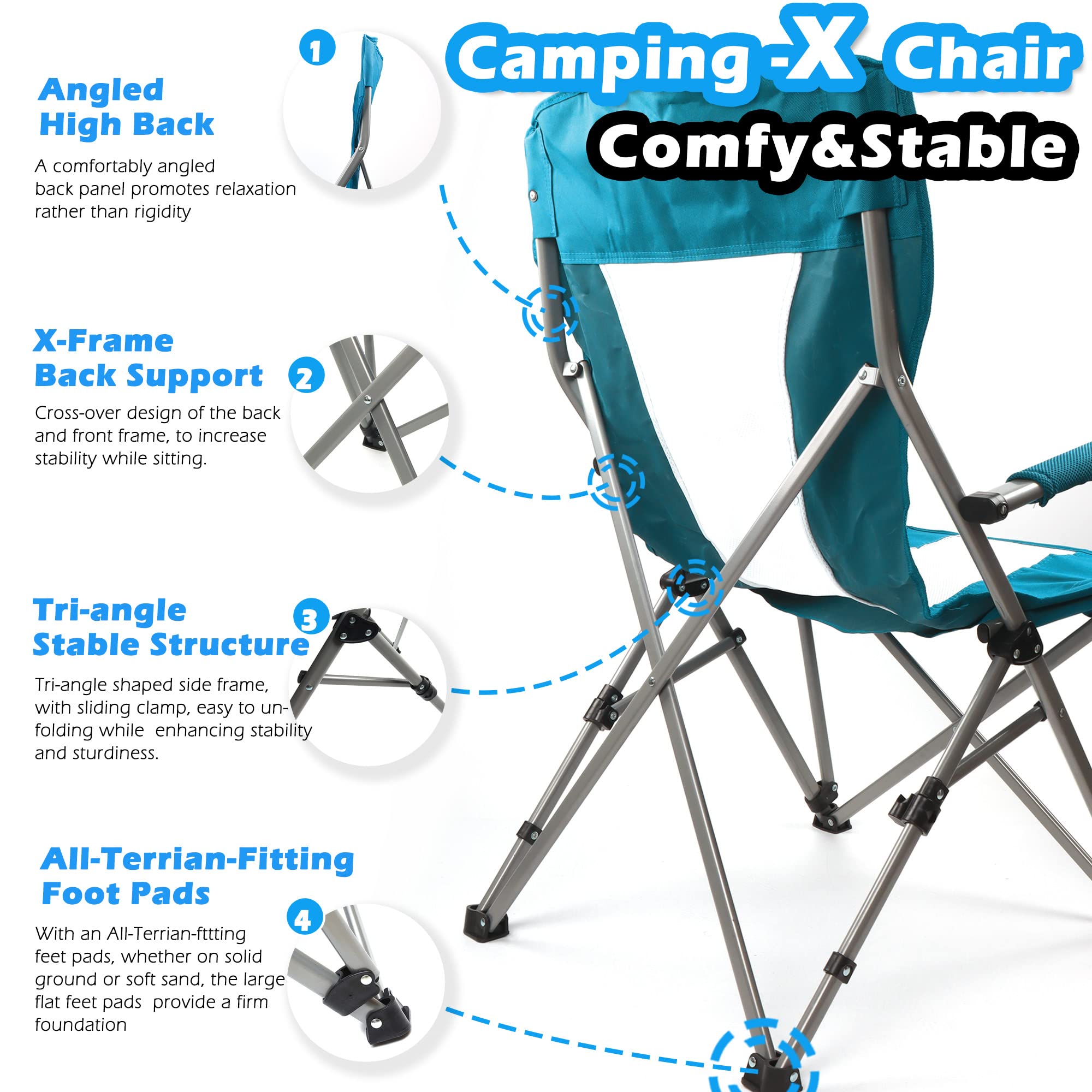 RockProX Camping-X Camping Chairs Heavy Duty Folding Chair for Outside Oversized Camping Chair Foldable Chair for Adults Camp Chair with Back Support Hard Armrest, 440 lbs Capacity (Royal Green)