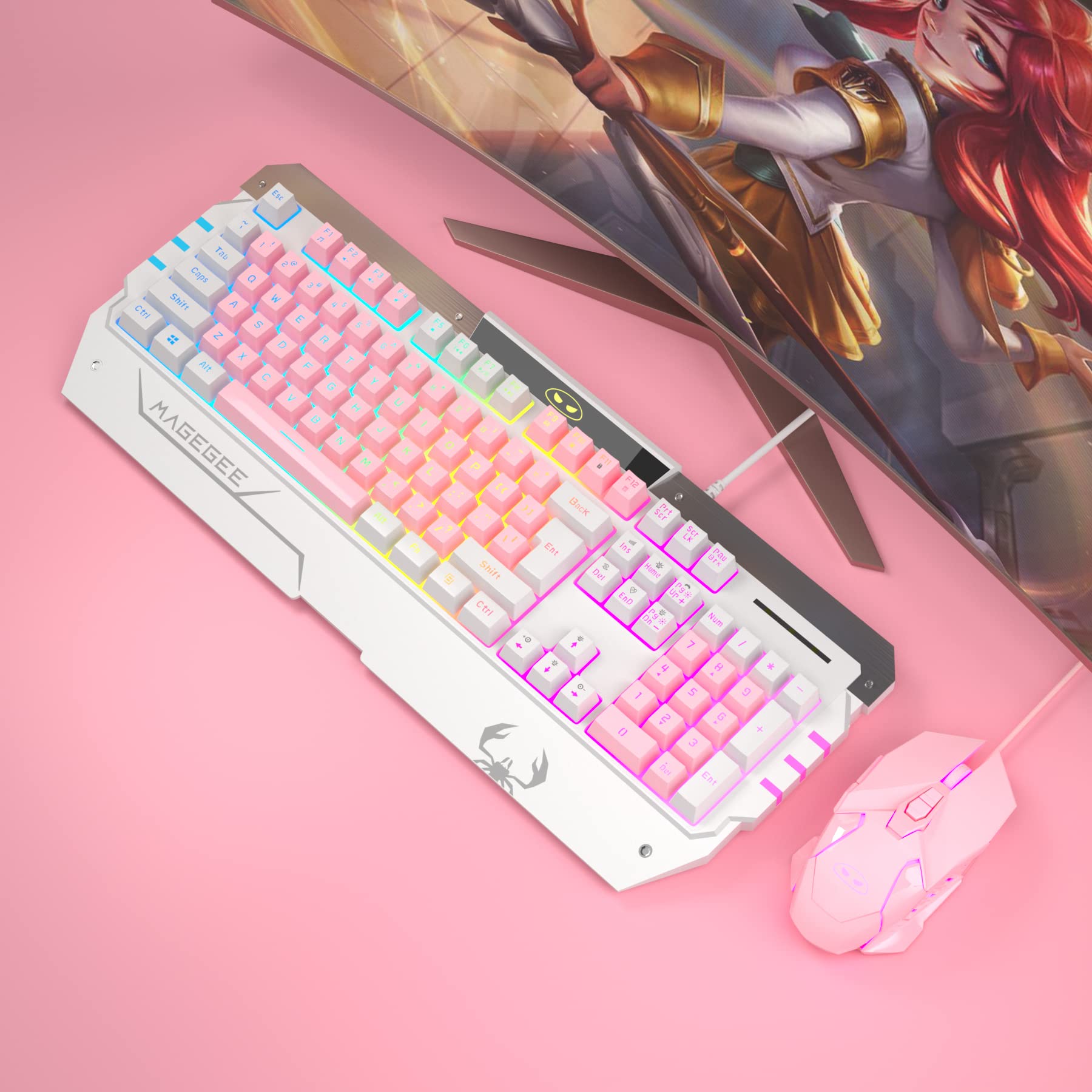 Pink Wired Gaming Keyboard Mouse Combo, Keyboard RGB Rainbow Backlit 104 Keys USB Ergonomic with Wrist Rest Keyboard with 4800 DPI Mouse for PC Gamer (White & Pink)