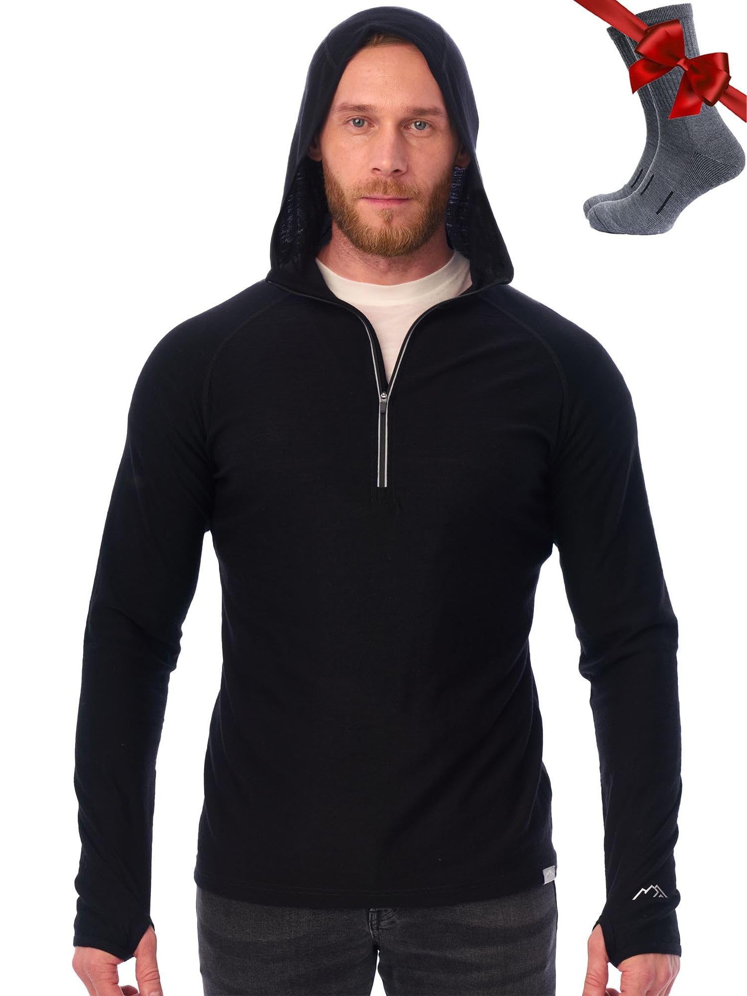 Merino.tech 100% Merino Wool Hoodie Men - Slim Fit Merino Wool Base Layer Mens Half Zip Thermal Long Sleeve Lightweight Shirt (XL, Shadow)