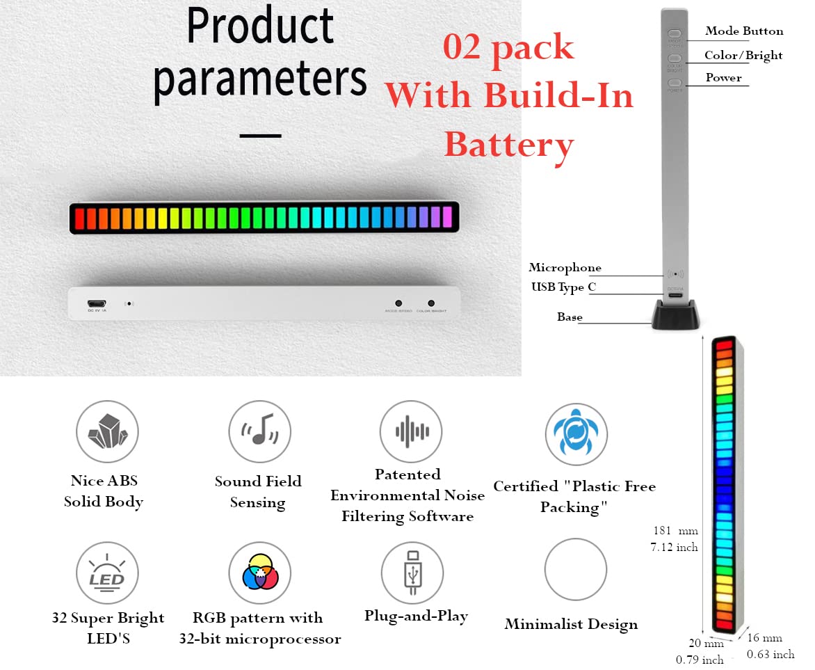 TEBASS Rhythm Light Bar, RGB Sound Control Music Rhythm Lights, High Sensitive Patented Noise Removal Software (Small32-A)