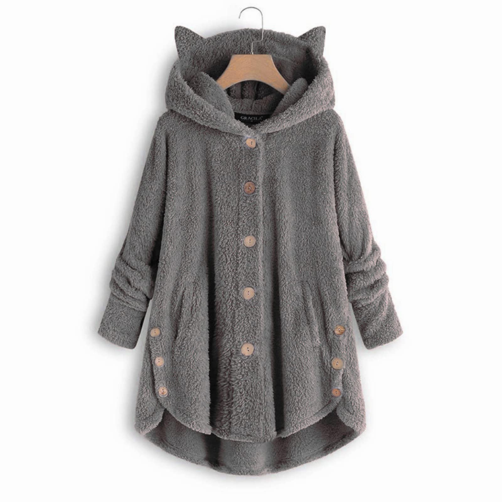 Oodie Blanket Hoodie Button Hooded Cat Ears Plush Blouse Irregular Solid Color Coat Women,Dark Gray,5Xl