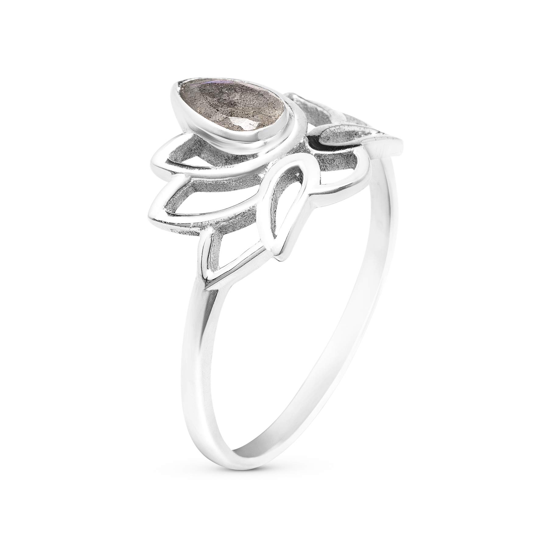 Koral Jewelry Cut Pear Labradorite Lotus Ring 925 Sterling Silver Ethnic Vintage Tribal Gipsy Boho Look (9)
