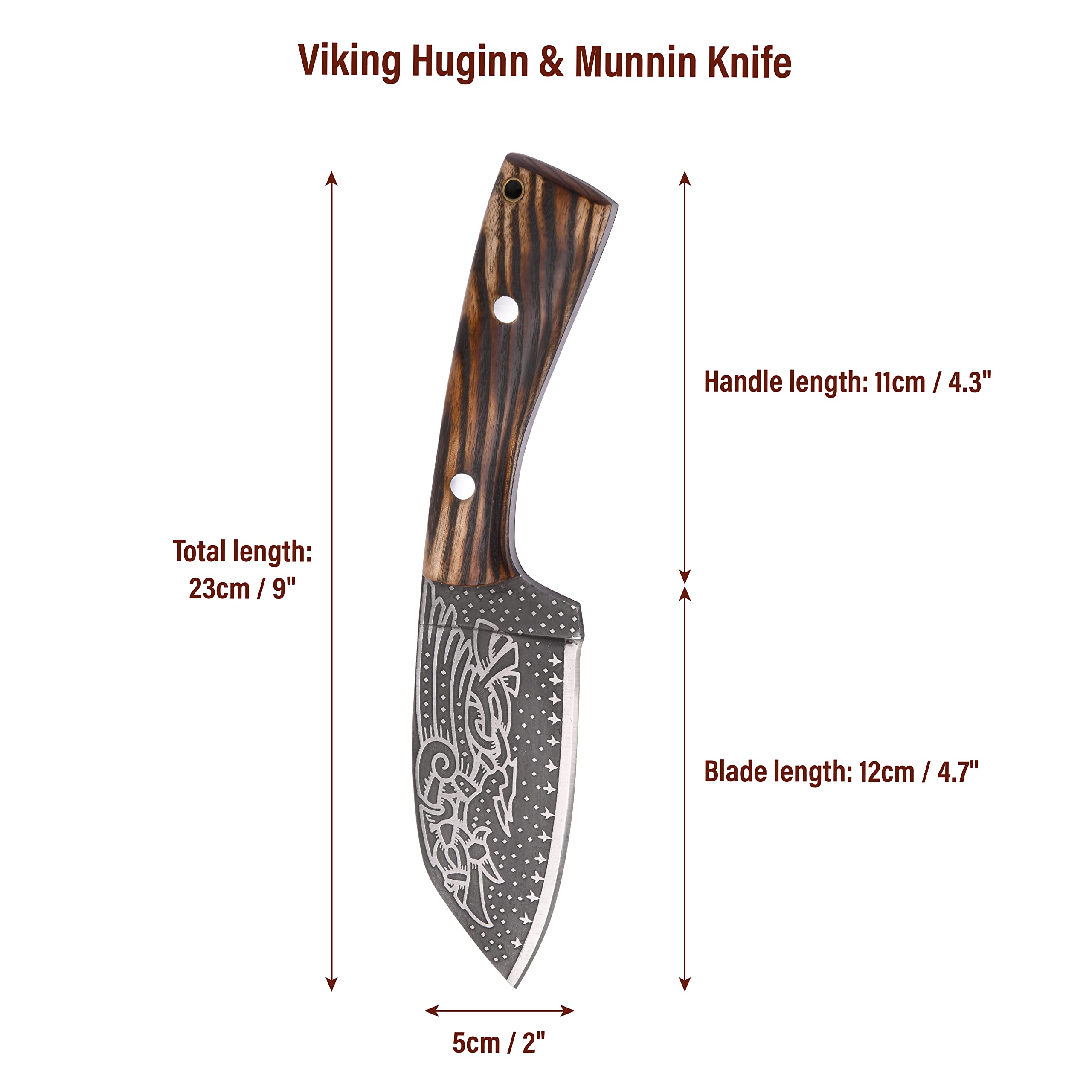 VikingsBrand Norse Viking-styled Knife - Huginn & Muninn Hand Forged Knife with Raven Engraving, Ergonomic Ash Wood Handle & Genuine Leather Sheath Holder - 4.7" Long Blade, 4.3" Handle