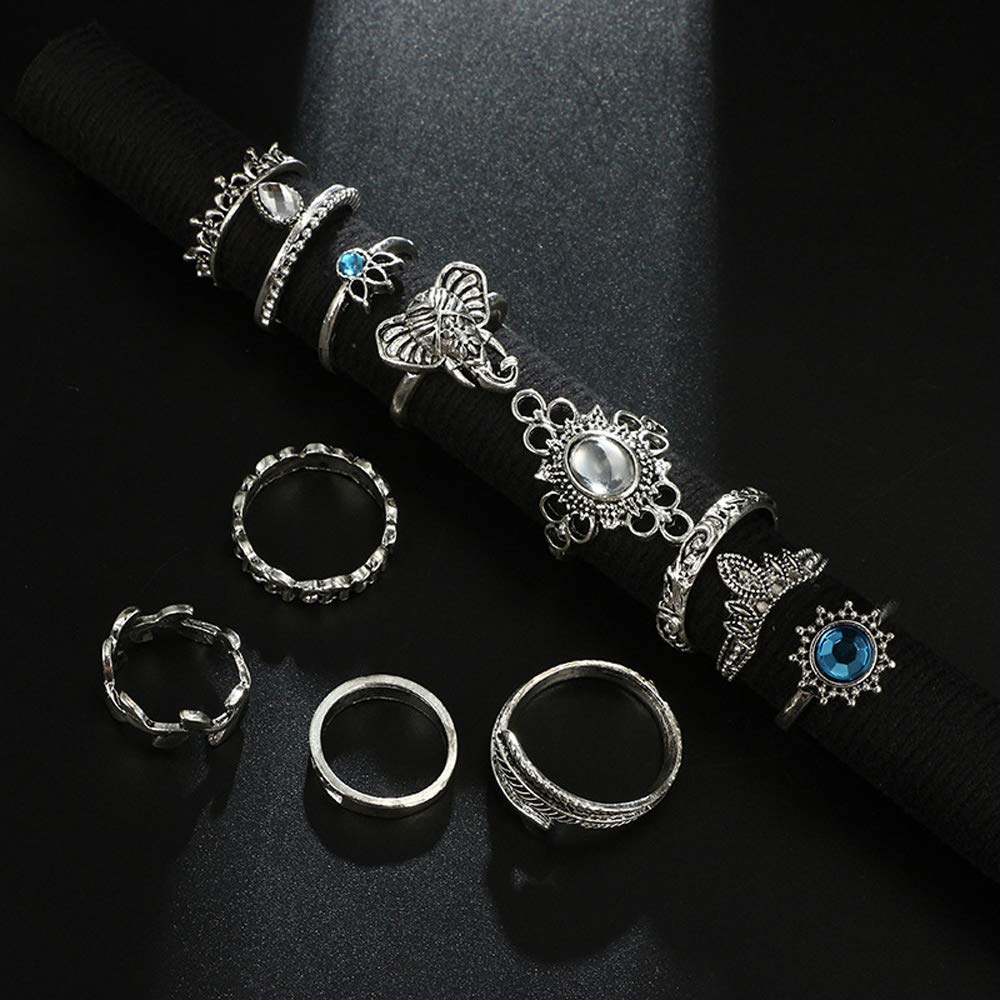 Missgrace Bohemian Vintage Elephant Animal Crystals Stack Rings Set Rhinestones Statement Beach Rings for Women Piece 12Pcs (Style 5)