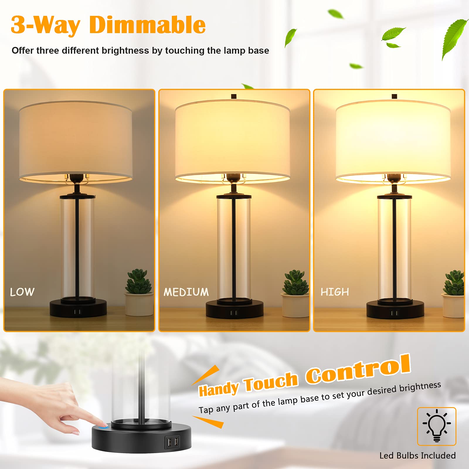 Modern Touch Control Dimmable Table Lamps with 2 USB Ports for Living Room Set of 2, 3-Way Dimmable Bedside Lamps with White Fabric Drum Shades for Reading Bedroom Nightstand Hotel, LED Bulbs Included
