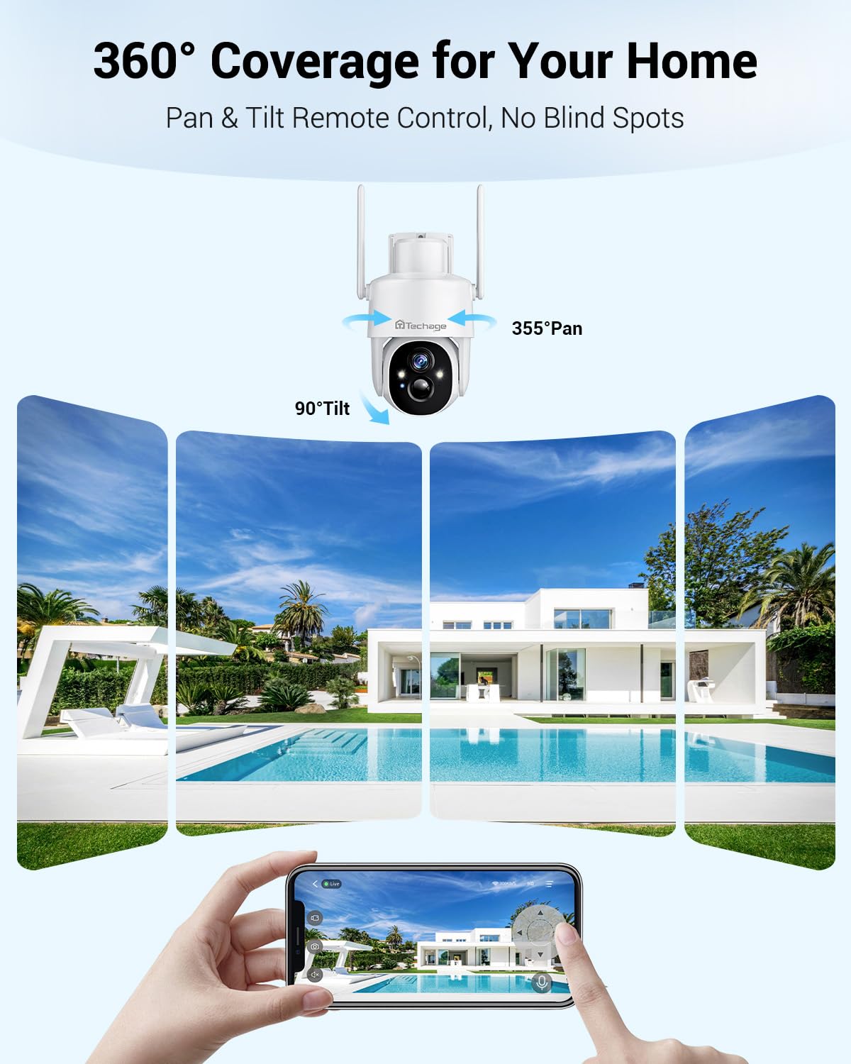 Techage Solar Security Camera Wireless Outdoor, 2K WiFi Cameras for Home Security, 360° PTZ Surveillance Camera with PIR, Color Night Vision, 2-Way Talk, IP66 Waterproof, SD/Cloud, Work with Alexa
