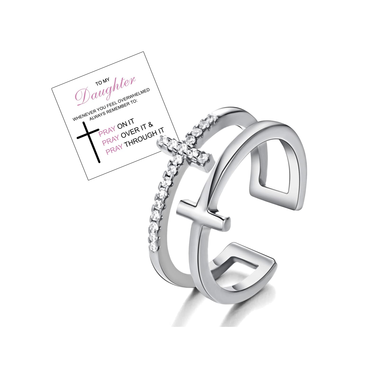 RINHOO To My Daughte Ring-Pray Through It Cross Ring Double Cross Adjustable Baptism Ring Silver Gold CZ Diamond Creative Wedding Commitment Ring for Woman (To My Daughter, Silver)