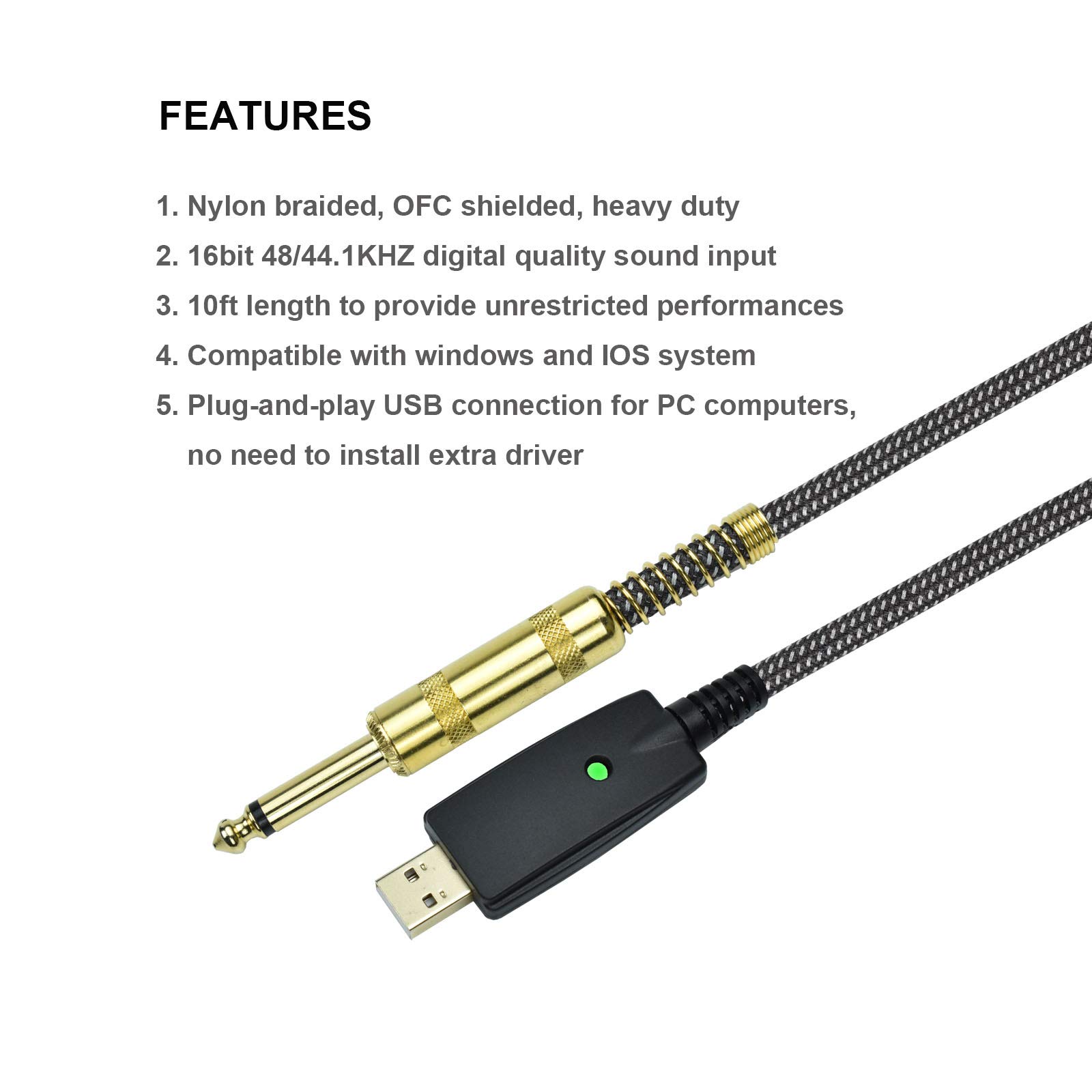Mugteeve Guitar to USB Cable Adapter - USB to 1/4" TS Electric Bass Guitar Cord for Recording,Quarter Inch Male Jack to Computer USB Interface,Nylon Braided, OFC Shield,Plug-and-Play Connection,10FT