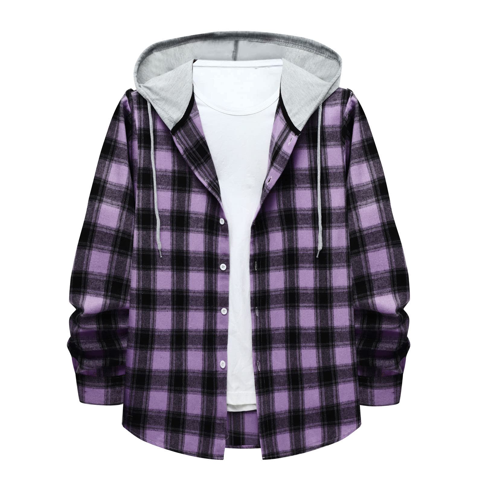 Short Vest for Men Men's Casual Plaid Flannel Jacket with Hood Button Down Long Sleeve Tee Tops Drawstring Lightweight Blouses(A- Purple,Medium)