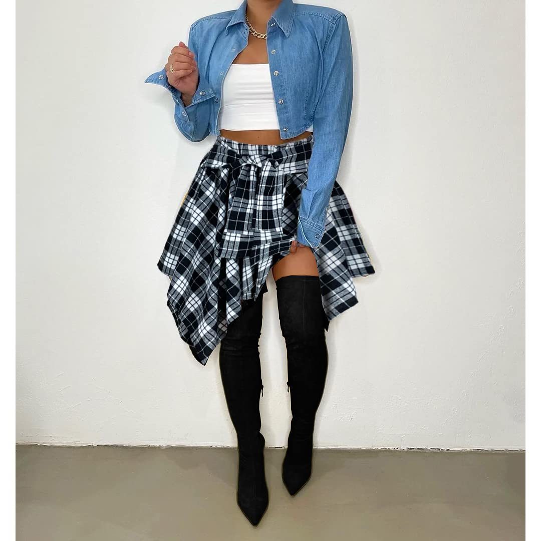 Plaid Skirts for Women High Waisted Knot Front Handkerchief Short Skirt Black White XL