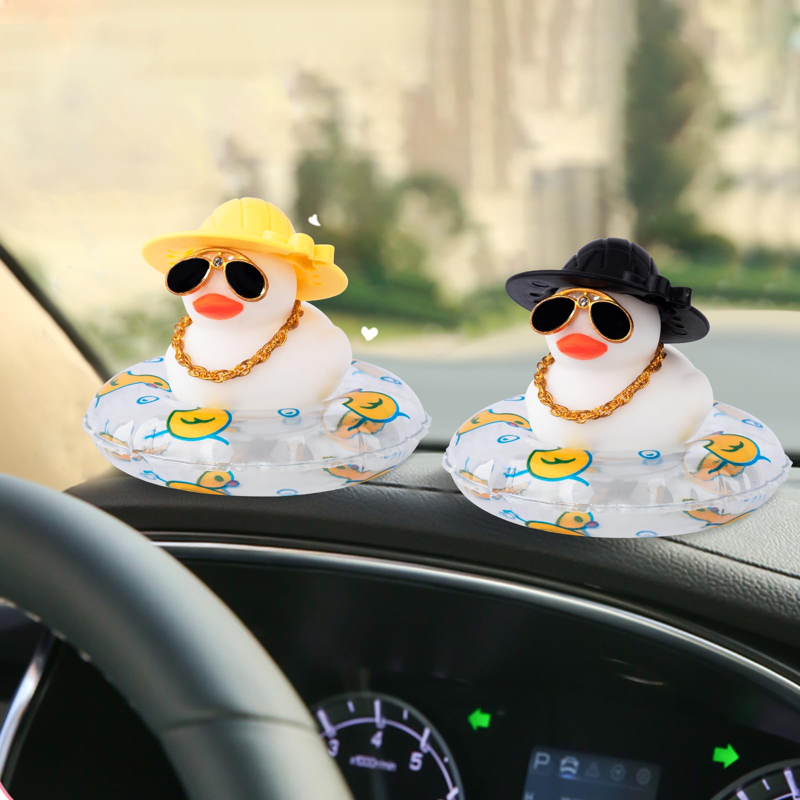 wonuu Diamond Glasses White Ducks Swim Ring Rubber Ducks with Mini Hat Necklace for Cars Dashboard Decorations Car Ornaments Duck Car Accessories