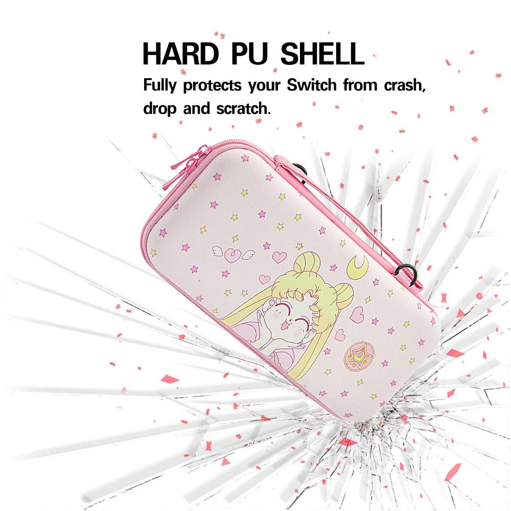 NocksyDecal Carrying Case Compatible with Nintendo Switch & OLED Mode, Cute Pink Sailor Moon Accessories Portable Travel Case with Shoulder Strap for Switch Hard Carry Case for Girls