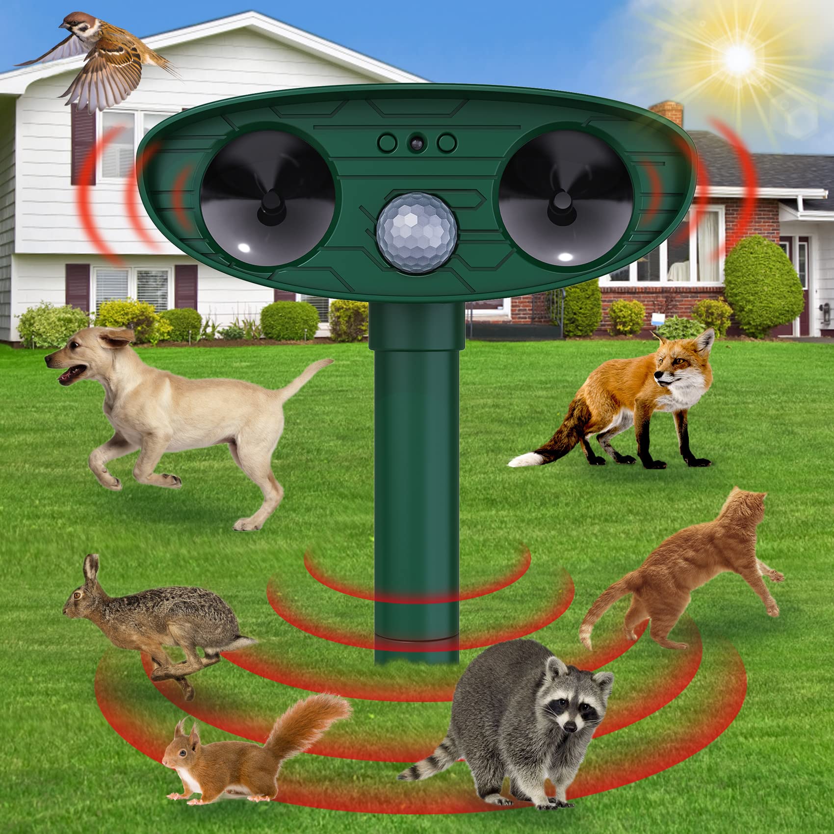 Mageloly Ultrasonic Bird Deterrent, Solar Animal Repeller Bird Repellent Devices Outdoor with Motion Sensor and Led Light Alarm, Waterproof Ultrasonic for Mole Dogs, Cats, Skunk, Squirrels, Green