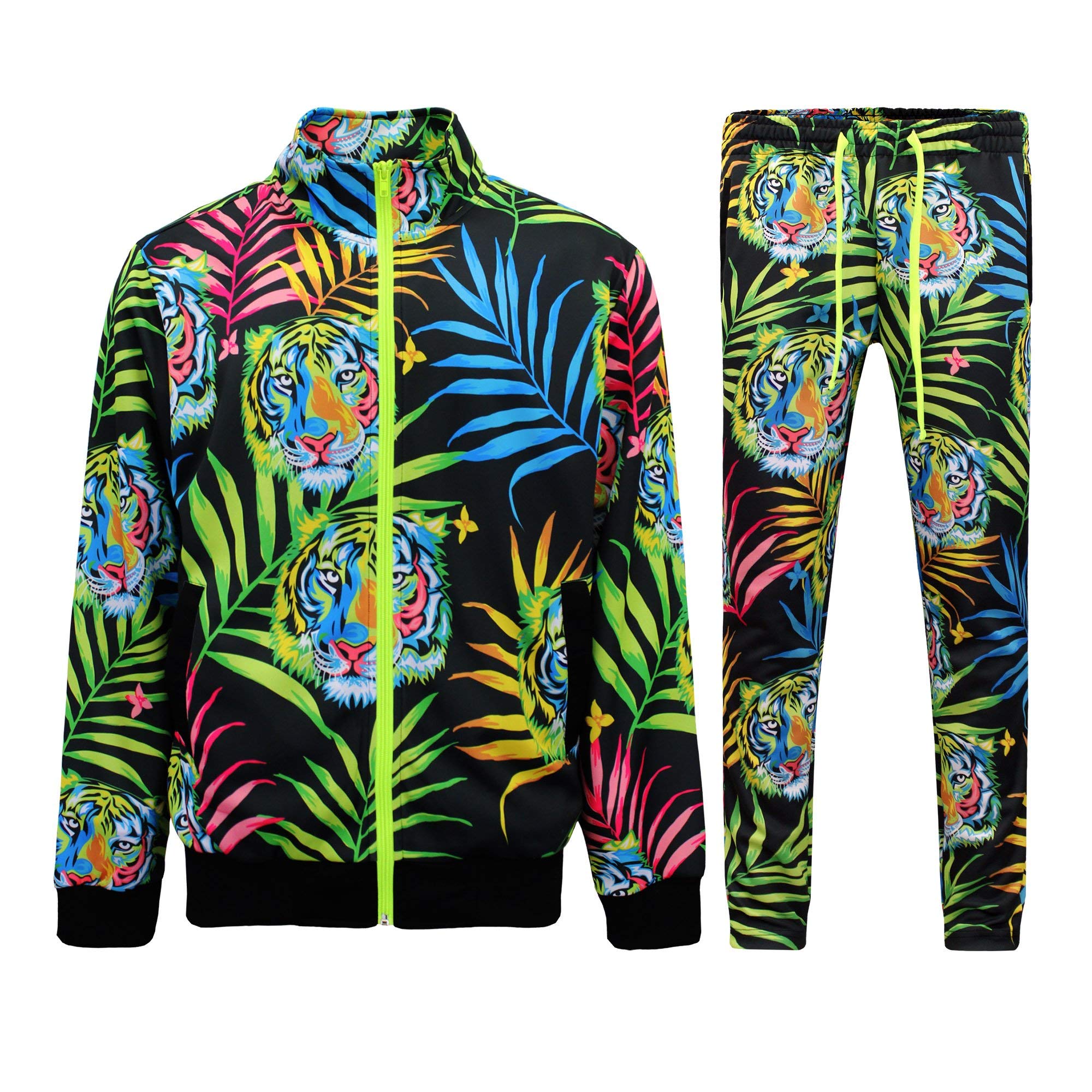 Men's Neon Jungle Tiger Track Suits 2 Piece Sweatsuit Set ST802 - Black - Large - V-C31