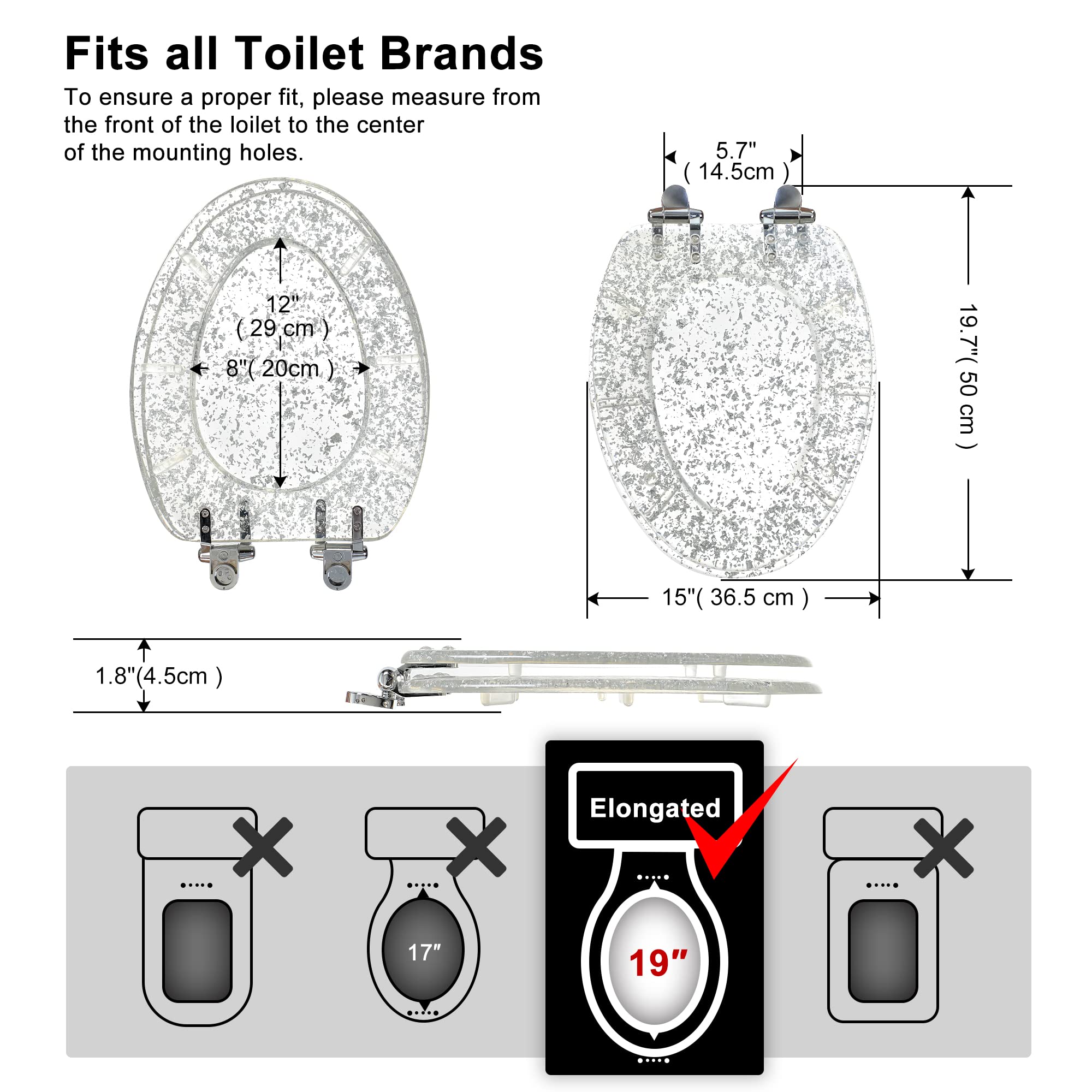 Resin Toilet Seat Elongated Soft Close Quick Release Heavy Duty Toilet Seats with Glitter Cover Acrylic Seats Silver Foil 19 Inch