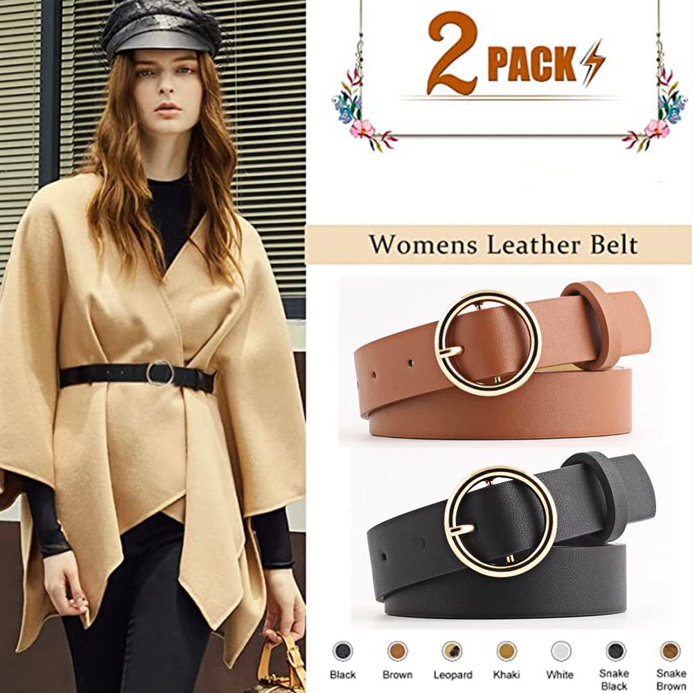 Sbecud 2 Pack Women's Leather Belts for Jeans Pants Fashion Gold Buckle Ladies Dress Belt