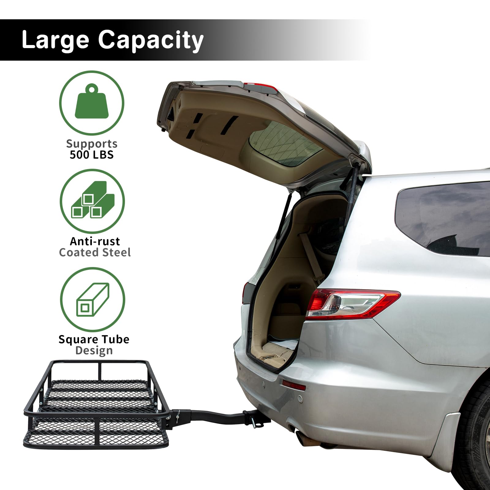 Leader Accessories Hitch Mount Cargo Carrier with Stand Foldable Cargo Basket 60" L x 20" W x 5" H with 500 LB Capacity Fits 2" Receiver
