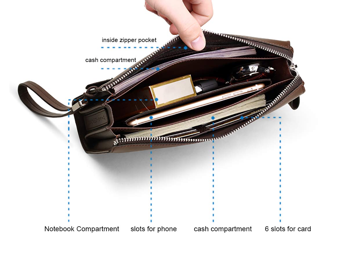 Men’s Genuine Leather Clutch Bag Handbags Wallets Business Organizer Purse (Black)