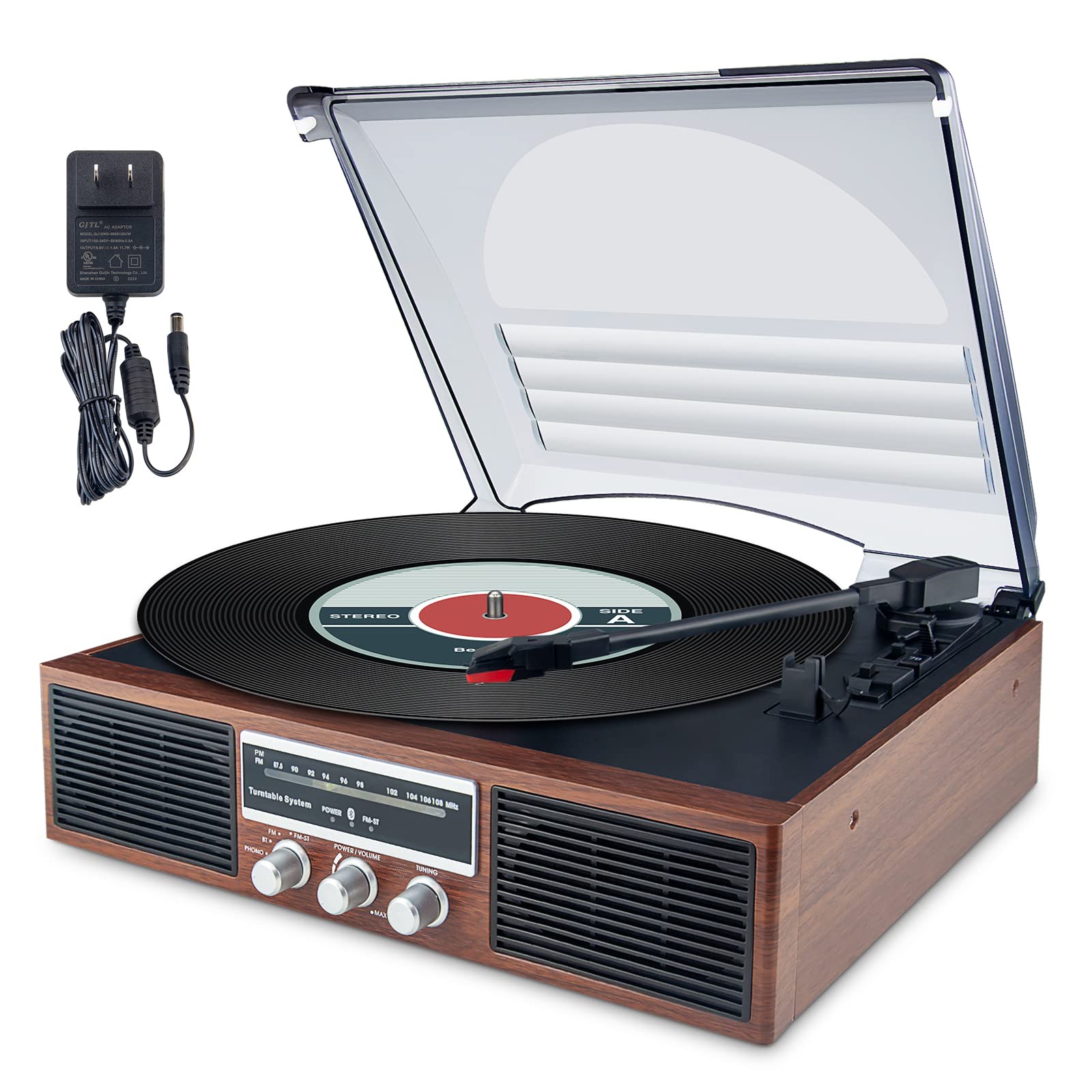 LUXSWAY Bluetooth Record Player Turntable,3-Speed Turntable Vinyl Record Player FM Radio with 2 Built-in Stereo Speakers,33 45 78RPM Vintage Phonograph Player,L/R Line Out Speaker,Dust Cover