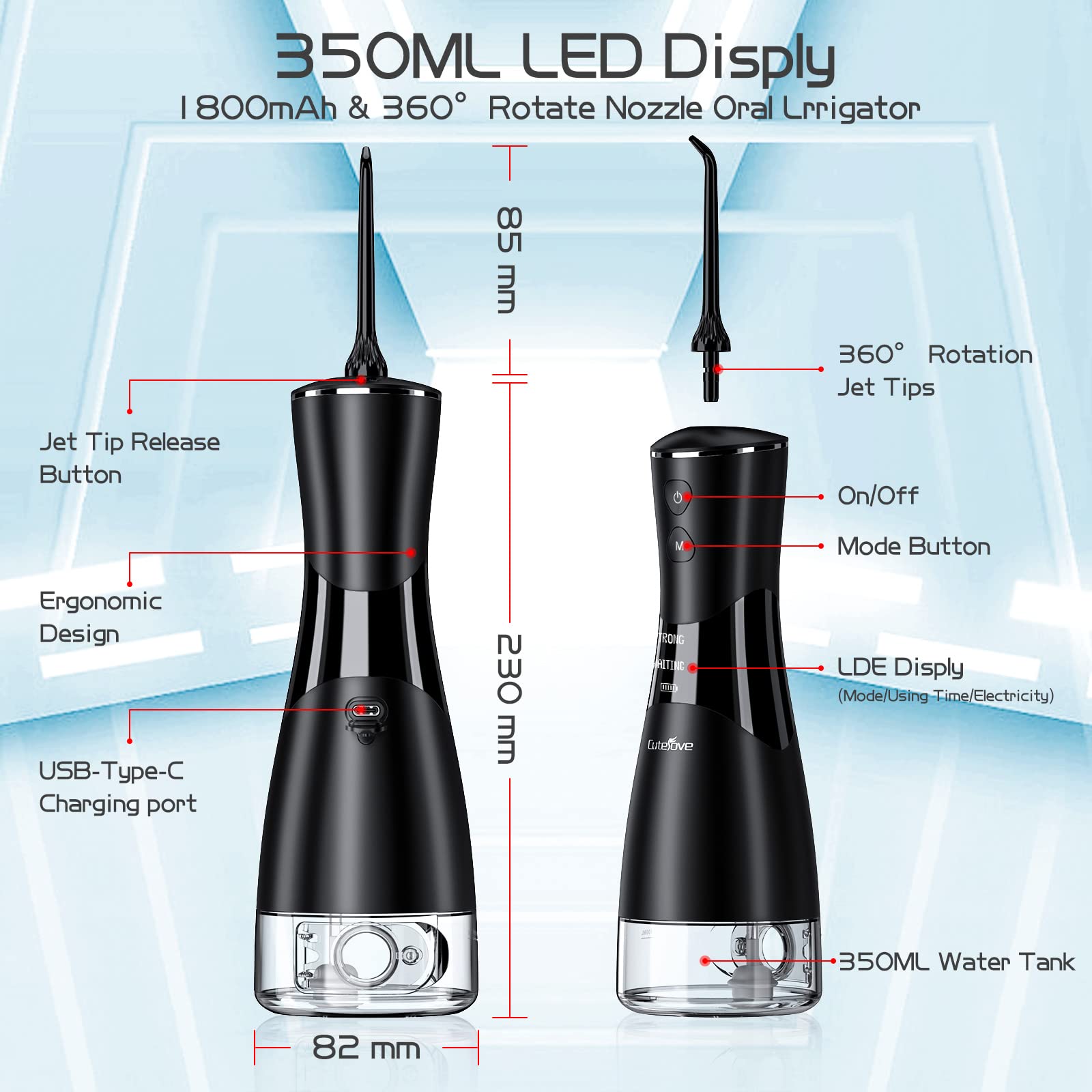 Water Flosser with 350ML & OLED Display & 5 Jet Tips & IPX7 Waterproof & 5 Modes, Cordless Water Flosser Picks for Teeth Cleaning, Electric Toothbrush with Water Flosser for Home Travel Use