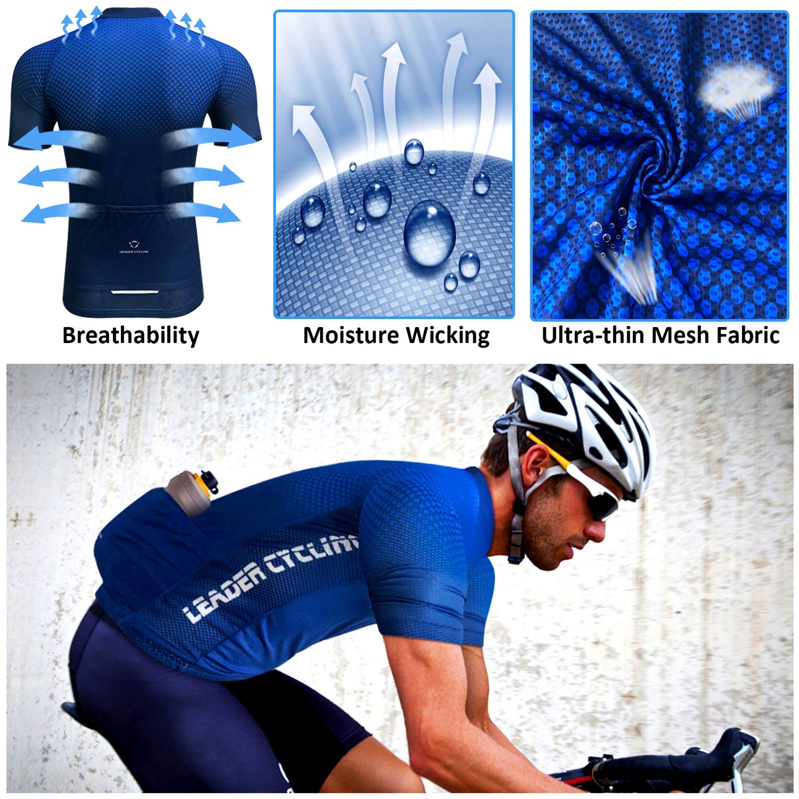 LEADER CYCLING Men's Cycling Jerseys Quick Dry Biking Shirt Summer Short Sleeve Gradient Blue