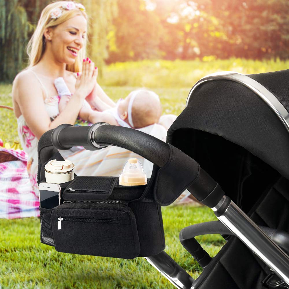 Mestron Universal Stroller Organizer Bag with Insulated Cup Holder- Detachable Zippered Bag & Adjustable Strap, Fits for All Baby Stroller Models like Uppababy, Baby Jogger, Britax, Bugaboo